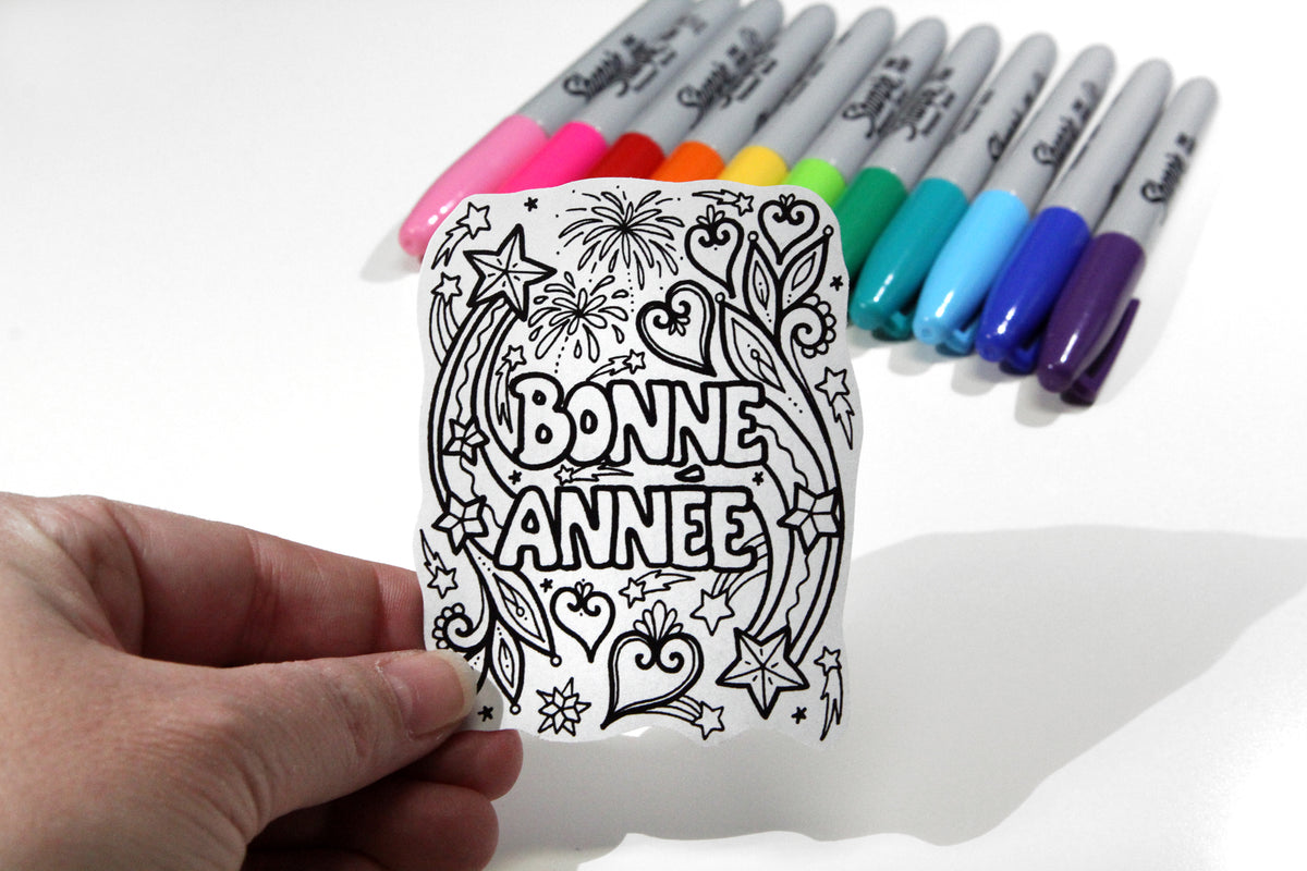 UN Autocollant à colorier pré-coupé, BONNE ANNÉE – Créations Joëlle Mercier