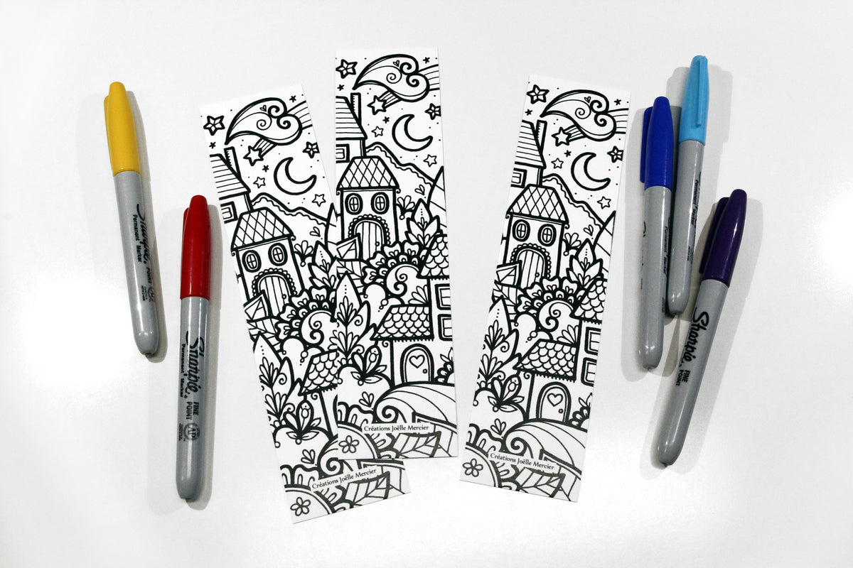 Signet Village de nuit, marque-page à colorier – Créations Joëlle Mercier