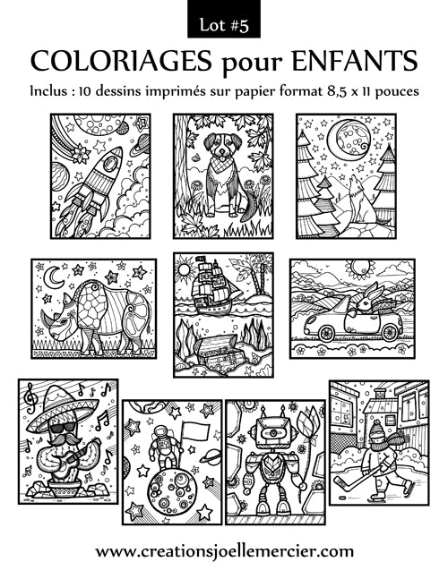 Lot #5 composé de 10 dessins à colorier pour enfants, format 8,5x11 po ...