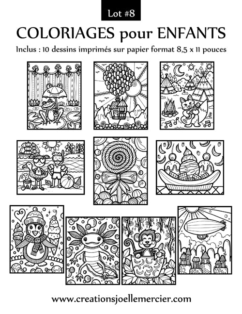 Lot #8 composé de 10 dessins à colorier pour enfants, format 8,5x11 po ...
