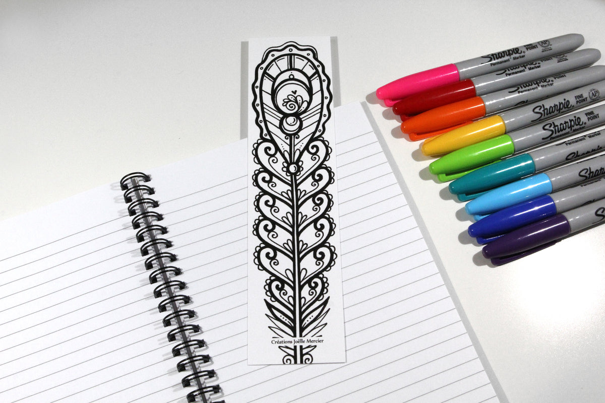 Signet Plume de paon, marque-page à colorier – Créations Joëlle Mercier